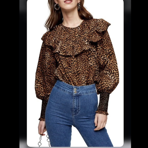 Topshop | Tops | Topshop Leopard Print Ruffle Yoke Poplin Blouse | Poshmark
